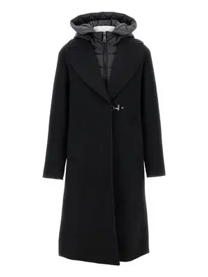 FAY Long Wool Coat With Nylon Inner And Hood - Black