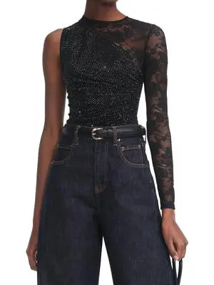 SELF-PORTRAIT Rhinestone Lace Sleeve Top - Black