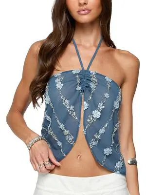 EDIKTED Beaded Floral Split Front Halter Top - Dark-blue
