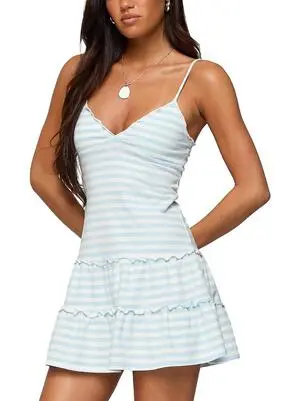 EDIKTED Tiered Ruffle Striped Mini Dress - Blue-and-white
