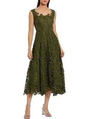 Mac Duggal Sleeveless Lace A-line Midi Dress With Square Neck - Army Green