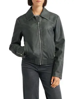 BERNARDO Distressed Faux Leather Bomber Jacket