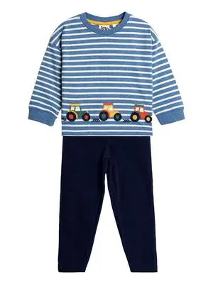 JOJO MAMAN BEBE Stripe Tractor Embroidered Cotton Graphic T-shirt & Leggings Set - Denim
