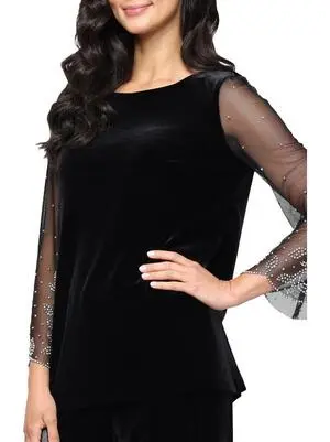 Alex Evenings Long Sleeve Top With Rhinestone Embellishments - Black