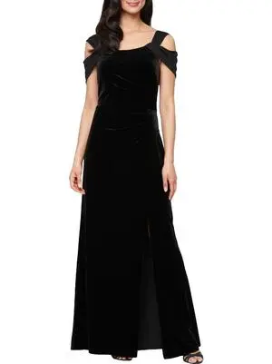 Alex Evenings Velvet Cold Shoulder Gown - Black