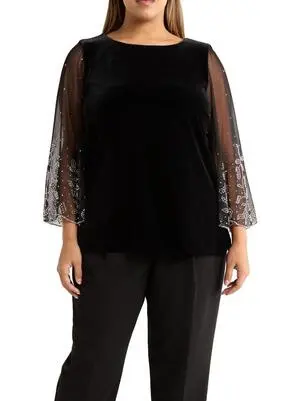 Alex Evenings Sheer Rhinestone Sleeve Velvet Blouse - Black