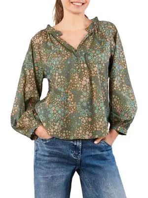 BILLY T Split Neck Cotton Blend Peasant Top