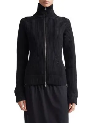 MAISON MARGIELA Full Zip Rib Virgin Wool Cardigan - Black