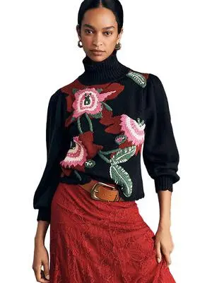 Farm Rio Mock-neck Embroidered Pullover Sweater - Bold Colorful Flowers