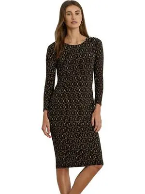 Ralph Lauren Chain-print Three-quarter-sleeve Sheath Dress - Black Multi
