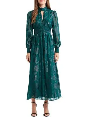 Anne Klein Metallic Ruched Long Sleeve Maxi Dress - Midnight Pine