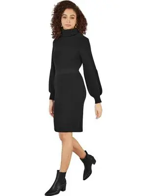 YUMI Roll Neck Knitted Dress With Balloon Sleeves - Black