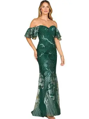 LARA NEW YORK Off-the-shoulder Embroidered Lace Mermaid Gown - Green Ombre