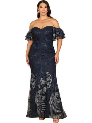 LARA NEW YORK Off-the-shoulder Embroidered Lace Mermaid Gown - Navy Ombre