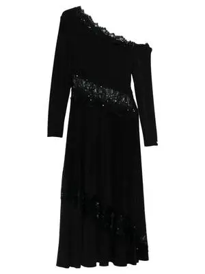 NISSA One-shoulder Lace Insert Midi Dress - Black