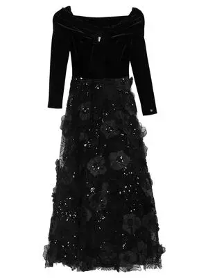 NISSA Floral Appliqué Off-shoulder Dress - Black