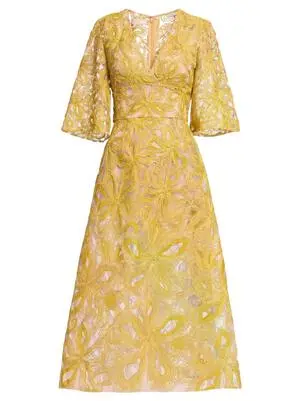 ELIE SAAB Floral-Embroidered Midi Dress