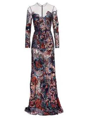 Elie Saab Floral-embroidered Sequin Maxi Dress - Blue