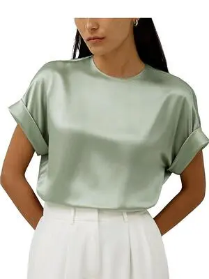 Lilysilk Oblique Sleeves Round Neck Silk Tee - Aqua Green