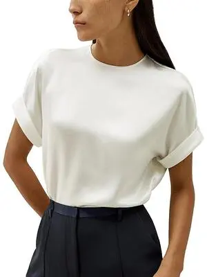 Lilysilk Oblique Sleeves Round Neck Silk Tee - Natural White