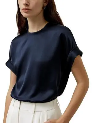 Lilysilk Oblique Sleeves Round Neck Silk Tee - Navy Blue