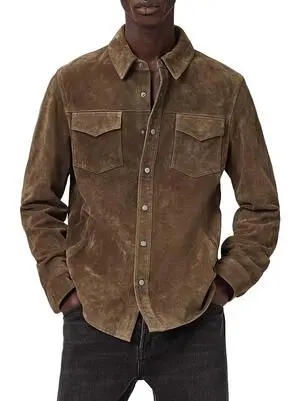 ALLSAINTS Sully Suede Regular Fit Button Down Shirt - Baker Brown