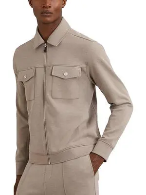 REISS Medina Interlock Zip Through Overshirt - Taupe Brown