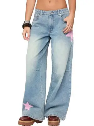EDIKTED Star Embellished Wide Leg Jeans - Light-blue