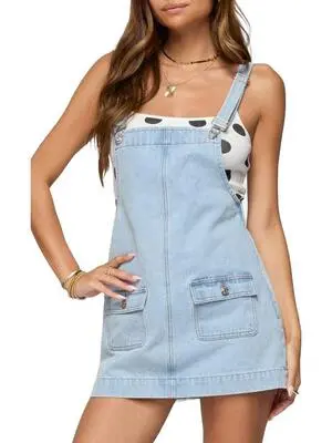 EDIKTED Denim Overall Mini Dress - Light-blue