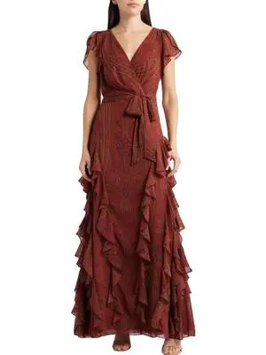 Ralph Lauren Paisley Ruffle Trim Flutter Sleeve Gown - Red Multi