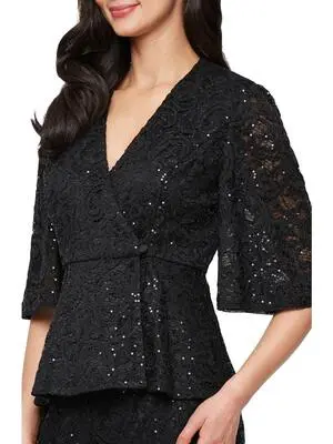 Alex Evenings Sequin Lace Wrap Top - Black