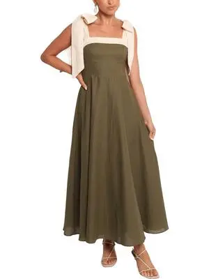 PETAL & PUP Cotton And Linen Maxi Dress With Bow Straps - Olive