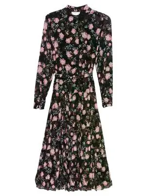 NISSA Floral-print Pleated Midi Dress - Black