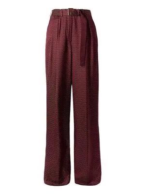 Dries Van Noten Belted Pleated Satin-jacquard Wide-leg Pants - Burgundy