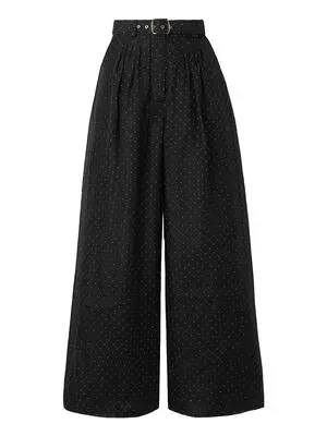 Zimmermann Belted Pleated Polka-dot Wide-leg Pants - Black