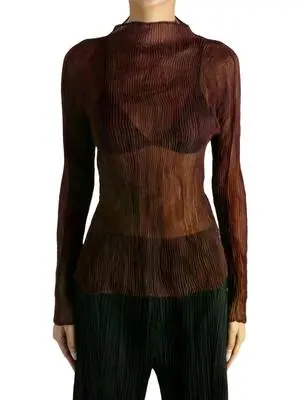 Issey Miyake Pleated High-Neck Top Brown