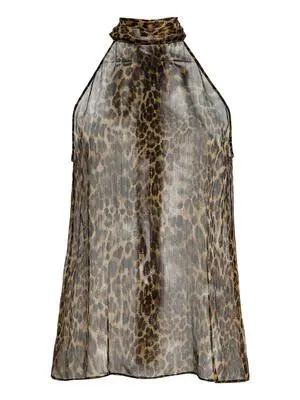 NILI LOTAN Alla Leopard Silk Halter Top - Brown