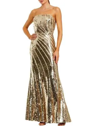 Mac Duggal Sequin Mesh Strapless Trumpet Gown - Gold