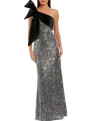 Mac Duggal One-shoulder Sequin Gown With Bow - Black Silver