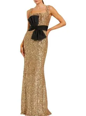 Mac Duggal Sequin Column Gown With Bow - Black Gold