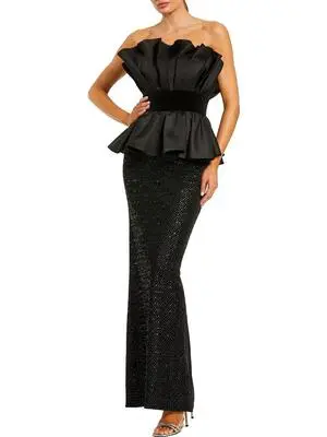 Mac Duggal Strapless Peplum Sequin Gown - Black