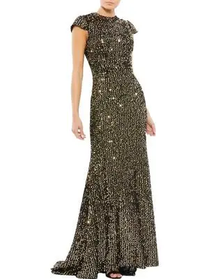Mac Duggal Sequined Cap Sleeve High Neck Gown - Black Gold