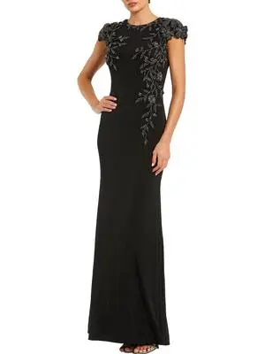 Mac Duggal Jersey Fitted Gown With Beaded Flowers - Black Multi