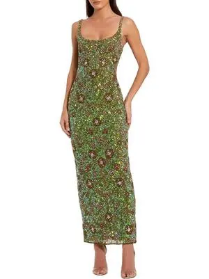 Mac Duggal Beaded Mesh Sleeveless Ankle Dress - Olive