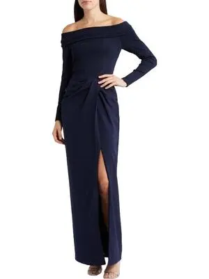 Ralph Lauren Off-the-shoulder Long-sleeve Gown - Lighthouse Navy