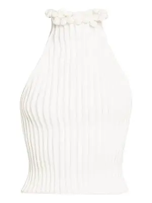 Alaïa Ribbed Knit Halter Top With Curled Trim - Blanc