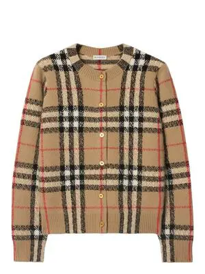 Burberry Clara Check Cashmere Crewneck Cardigan - Sand Ip Ch