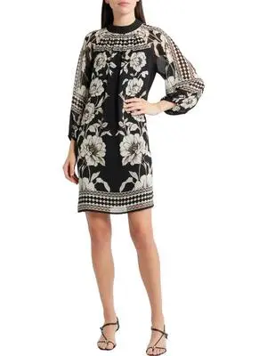 Halogen Print Long Sleeve Shift Dress - Rich Black