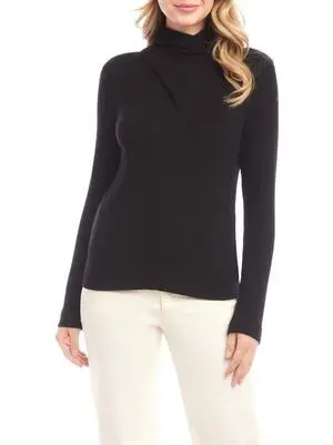 Karen Kane Rib Faux Wrap Turtleneck Top - Black