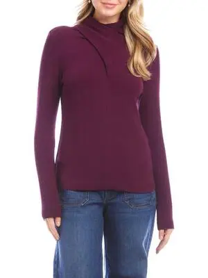 Karen Kane Rib Faux Wrap Turtleneck Top - Eggplant